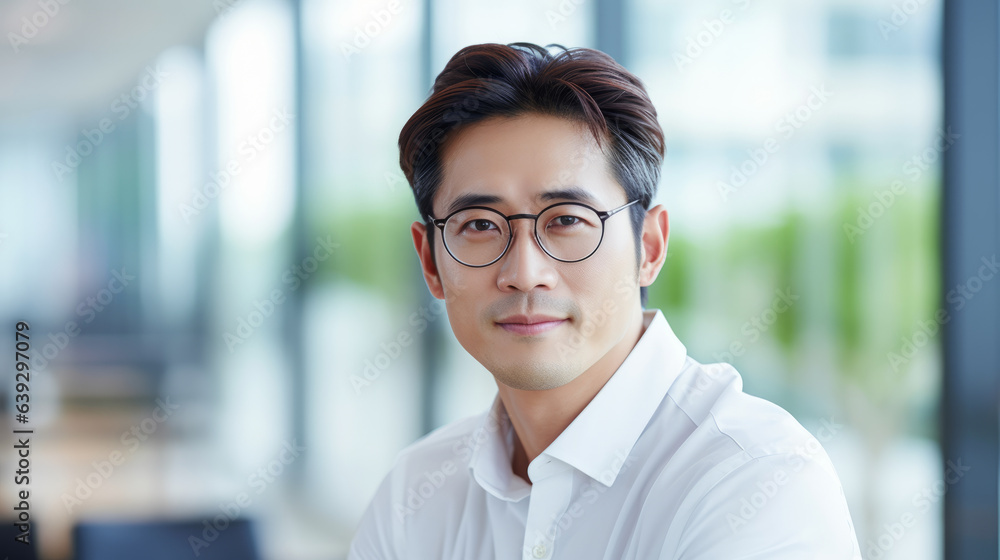 Handsome 45 years old gentle Korean man, wearing glasses, formal slick ...