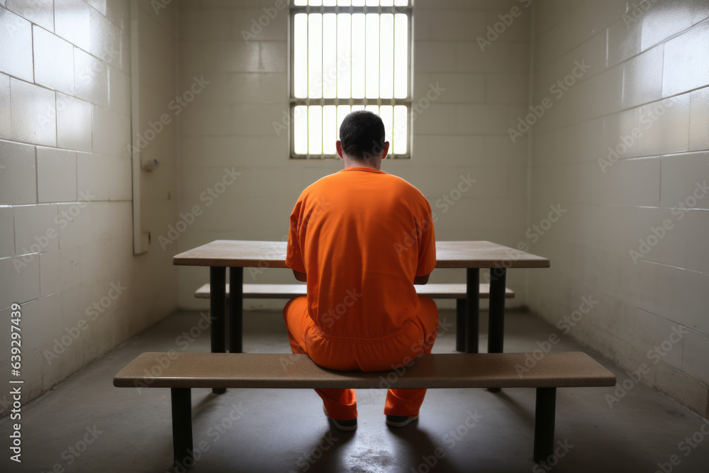 Man dressed in orange sit on a bench of a prison cell alone , back view ...