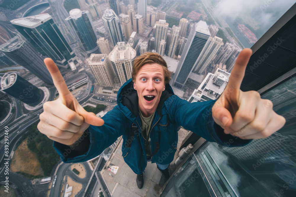 Young urban exploration influencer take selfie picture at top of high ...