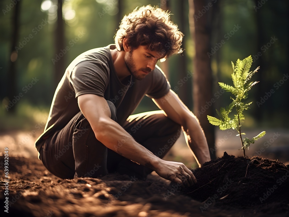 Young Man Planting Sapling in Reforestation Effort, Emphasis on Ecology ...