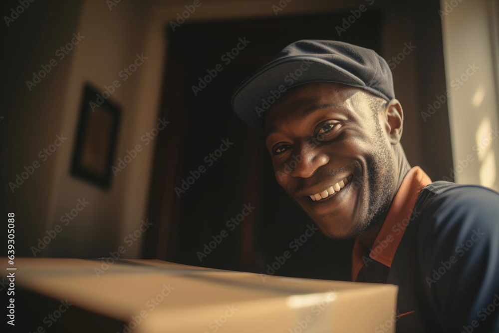 Happy african postman delivering the package at home - Generative AI ...