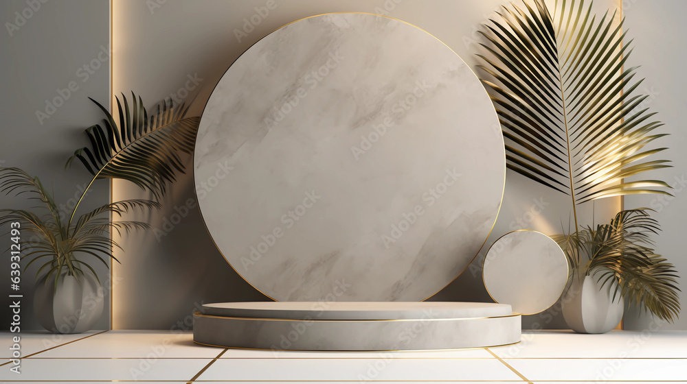 Round marble podium and palm leaf, Abstract minimal geometric ...