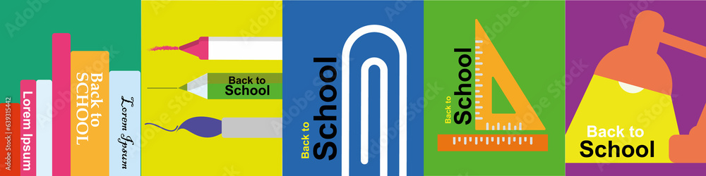 School backgrounds. A pile of books, stationery, a desk lamp, a paper ...