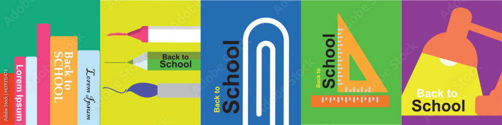 School backgrounds. A pile of books, stationery, a desk lamp, a paper ...