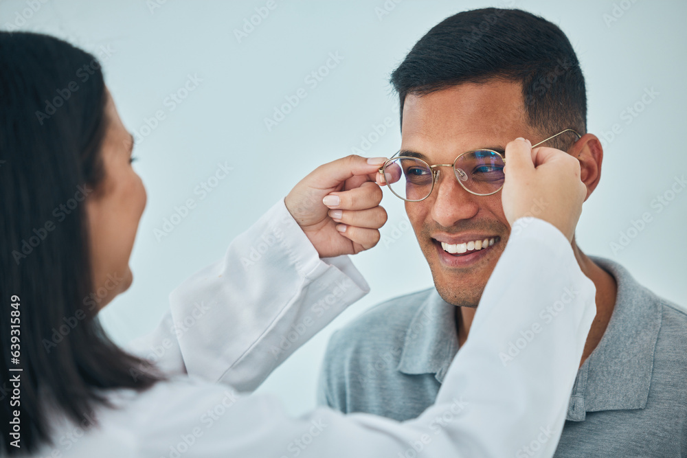 Glasses, eye care and vision, optometrist and patient with help and ...