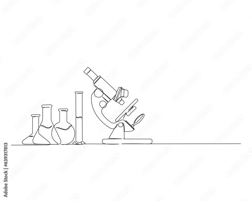 Continuous one line drawing of microscope and laboratory test tube ...