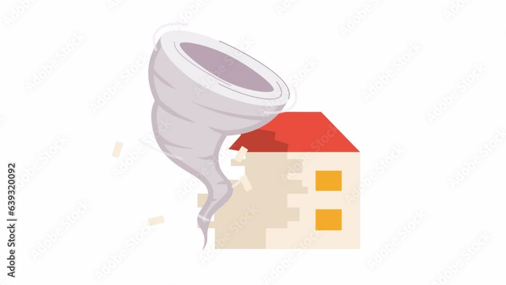 Tornado damage to home cartoon animation. Weather disaster 4K video ...