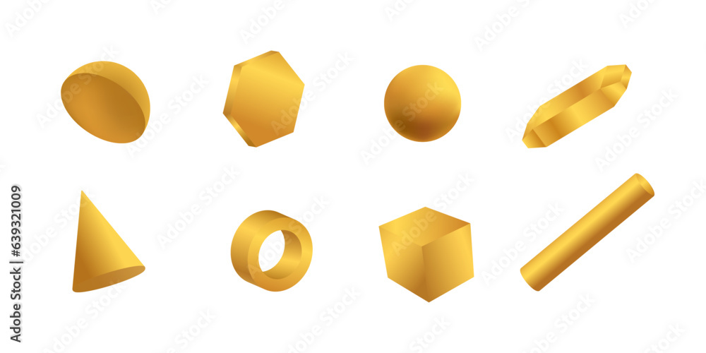 Golden geometric 3d shapes set. Cylinders with hexagon and triangle as ...