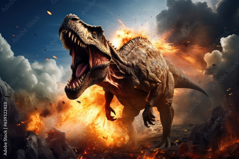 T-rex during dinosaur extinction event, Asteroid impact jurassic era, Tyrannosaurus rex ...