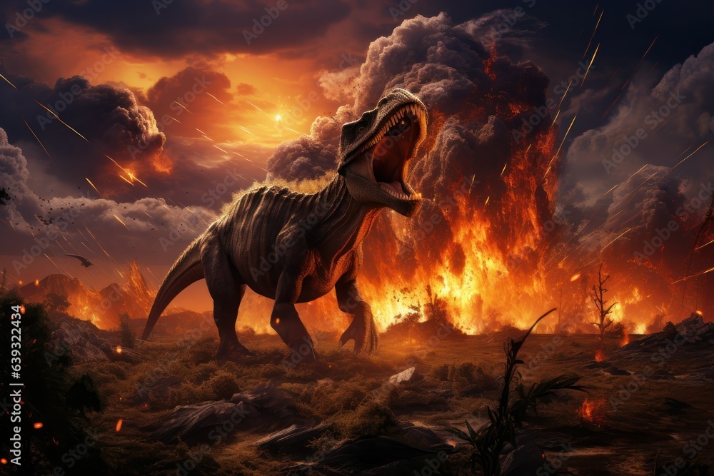 T-rex during dinosaur extinction event, Asteroid impact jurassic era ... T-rex during dinosaur extinction event, Asteroid impact jurassic era ...
