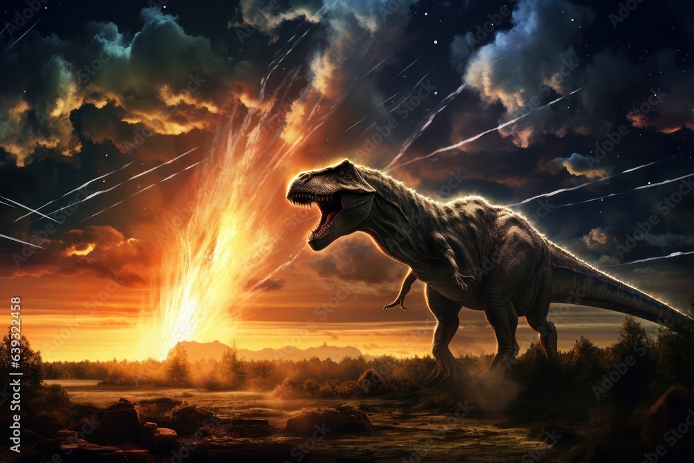 T-rex during dinosaur extinction event, Asteroid impact jurassic era ... T-rex during dinosaur extinction event, Asteroid impact jurassic era ...