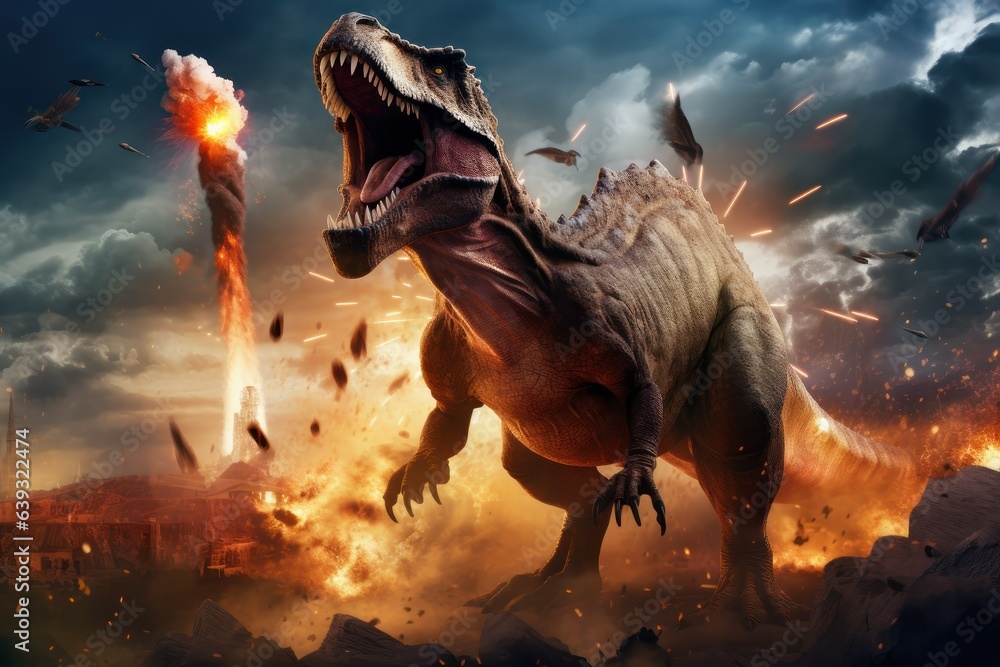 T-rex during dinosaur extinction event, Asteroid impact jurassic era ... T-rex during dinosaur extinction event, Asteroid impact jurassic era ...