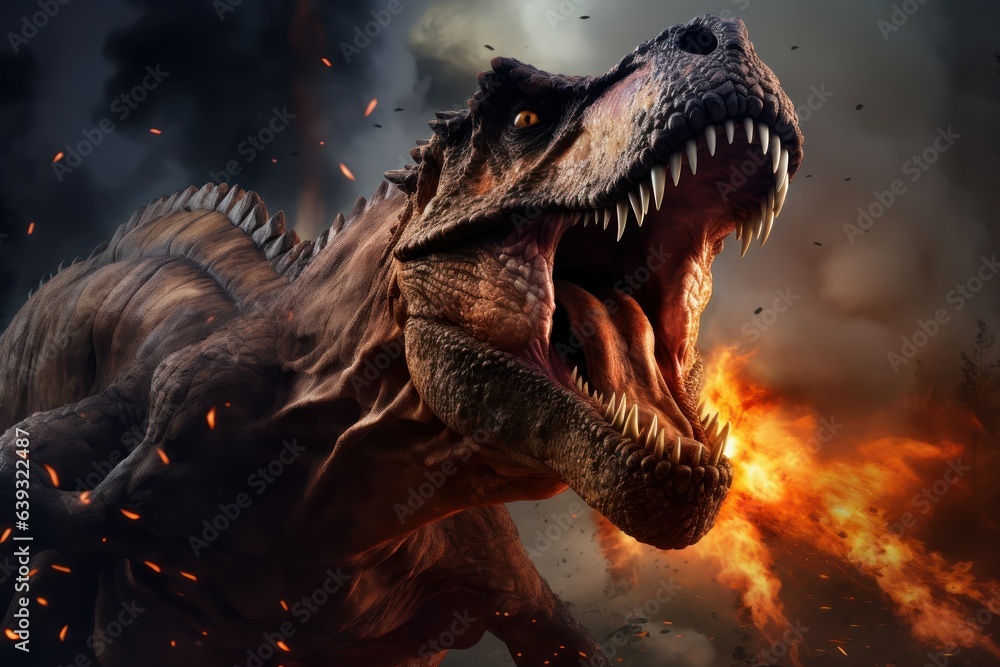 T-rex during dinosaur extinction event, Asteroid impact jurassic era, Tyrannosaurus rex ...