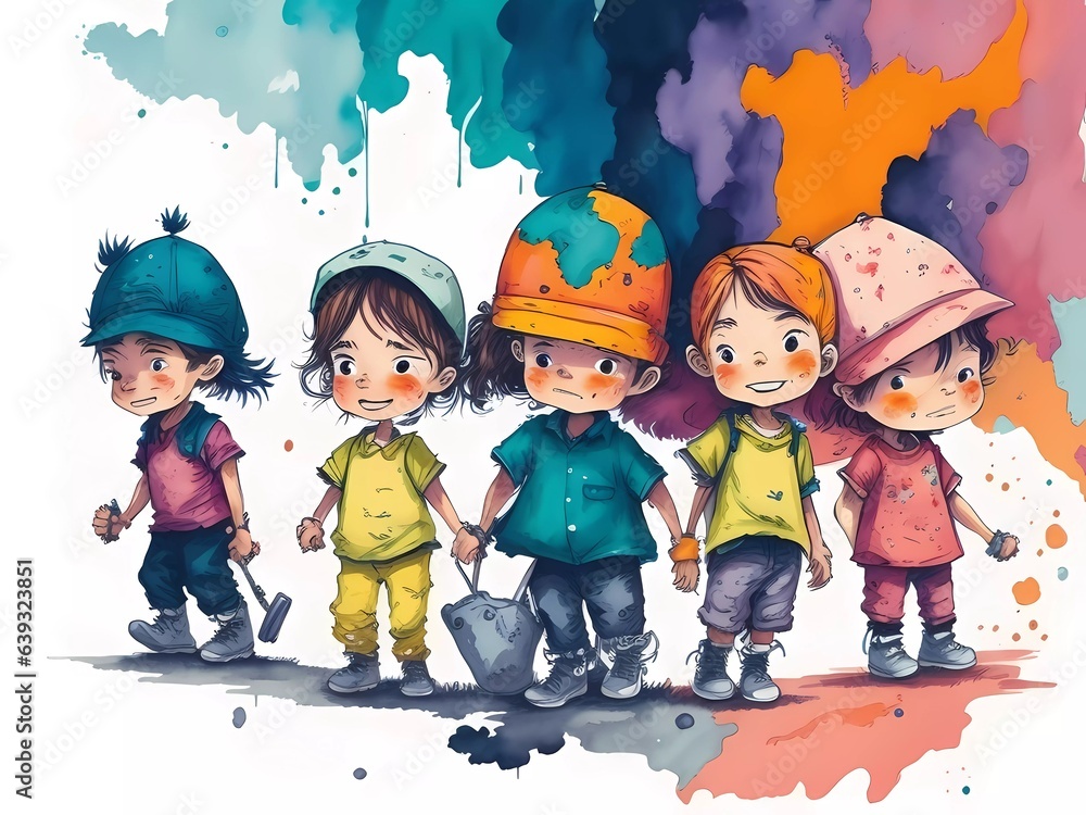 Jugando y Pintando Juntos: Niños Dibujos Animados Cogidos de la Mano ...