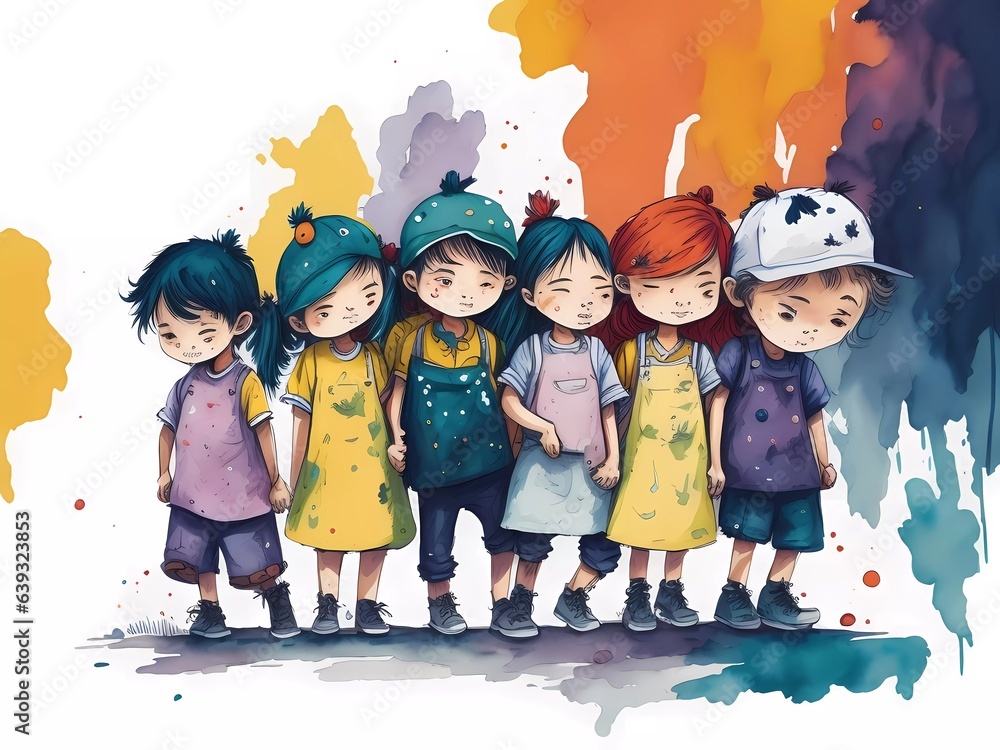 Aventuras en Acuarela: Niños Dibujos Animados Trabajando Juntos en ...