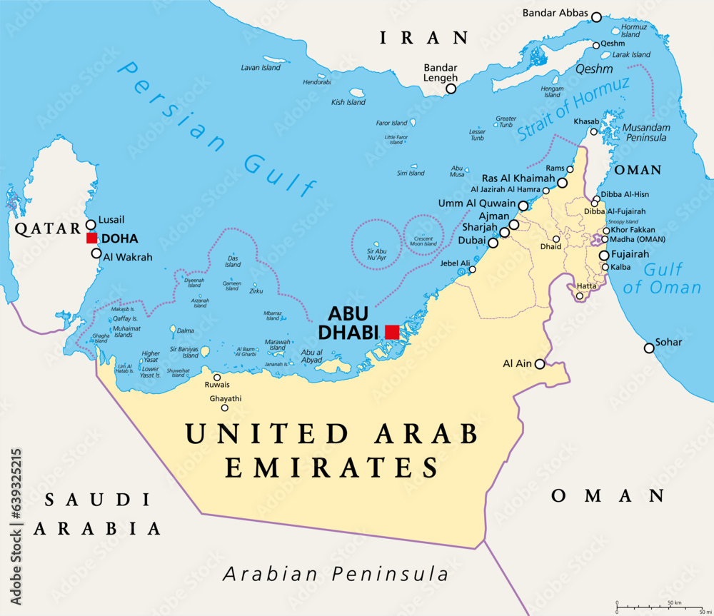 United Arab Emirates, UAE, political map. The Emirates, a country in ...