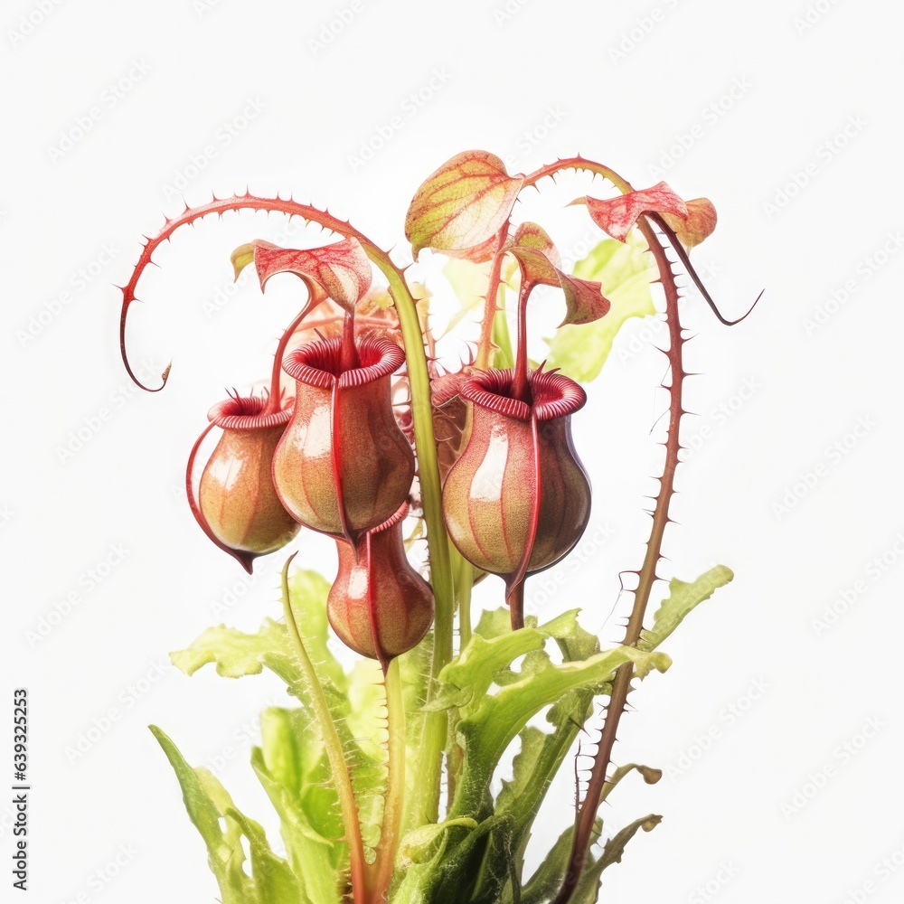 Carnivorous plant captured in the act of trapping, isolated on a white ...