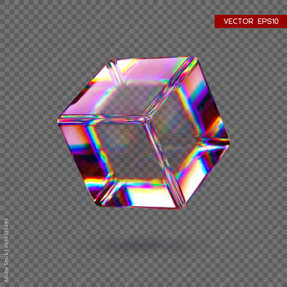 3d transparent glossy cube with dispersion effect. Rainbow colors ...