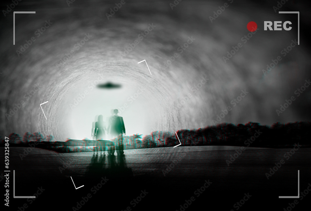 Alien, spaceship and people recording with UFO in sky in nature for ...