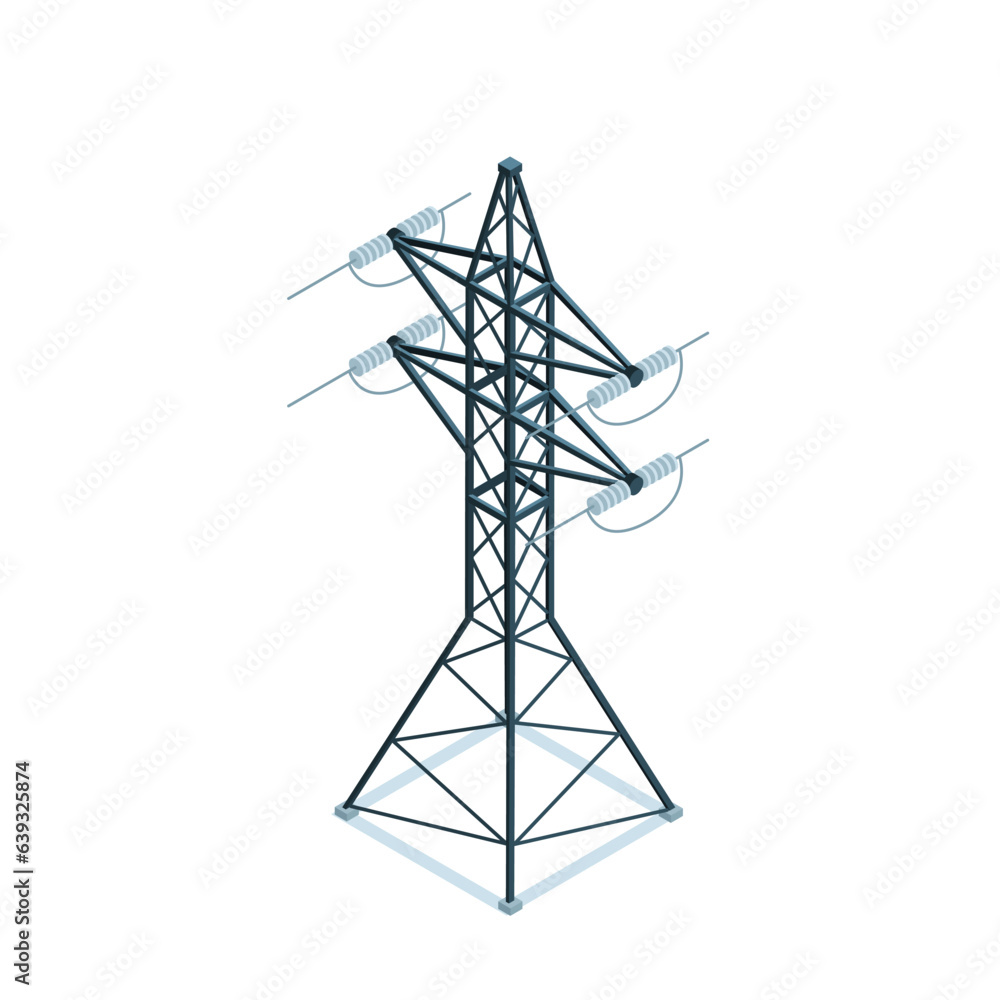 isometric high-voltage transmission tower in color on a white ...