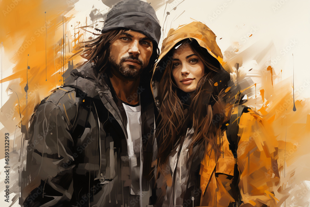 Fashion design sketch of homeless people, man and woman in the park. AI ...