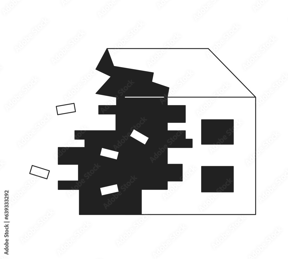 Broken building monochrome flat vector object. Damage after natural ...