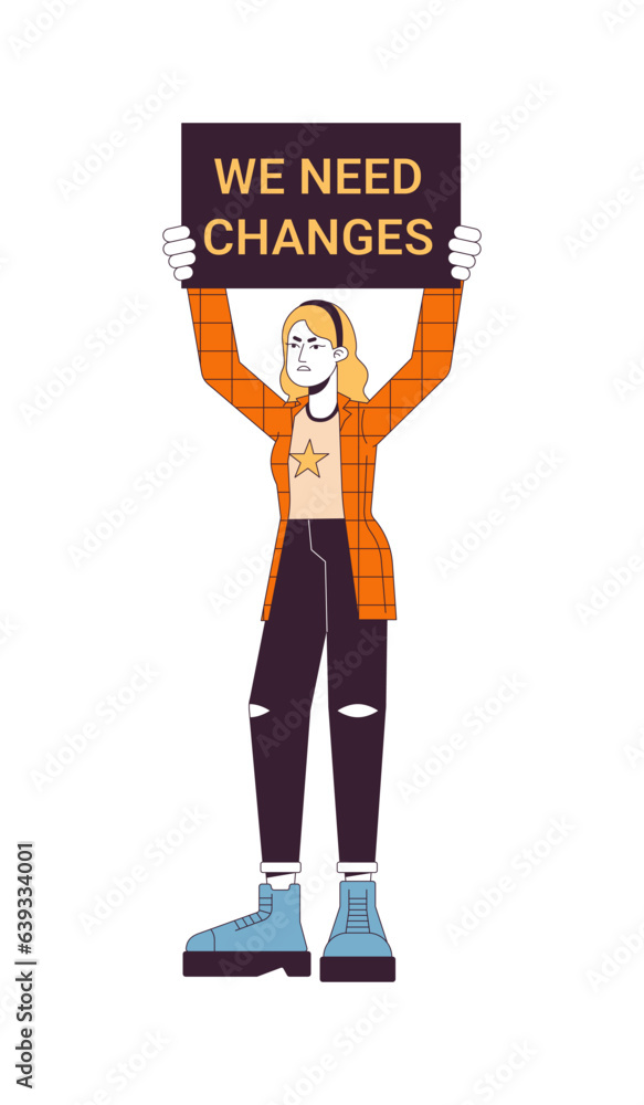Caucasian woman holding banner flat line color vector character. Need ...