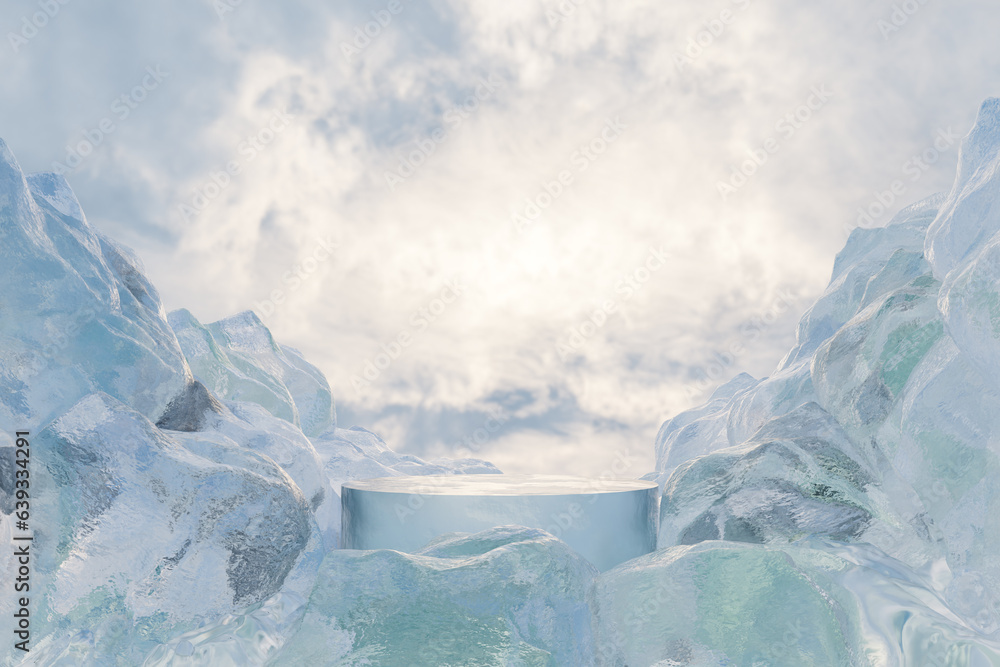 Abstact 3d render winter scene and Natural podium background, Ice ...