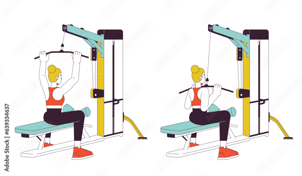 Working out on lat pulldown machine flat line vector spot illustration ...