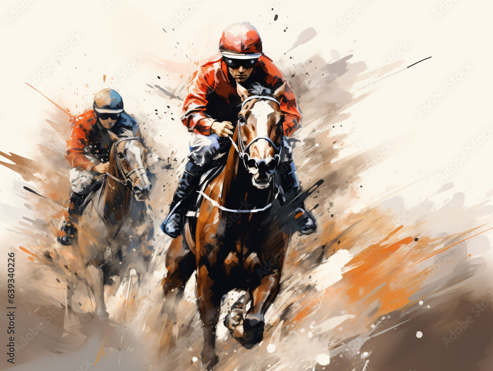 watercolor illustration, a racing horse with its jockey is portrayed in ...