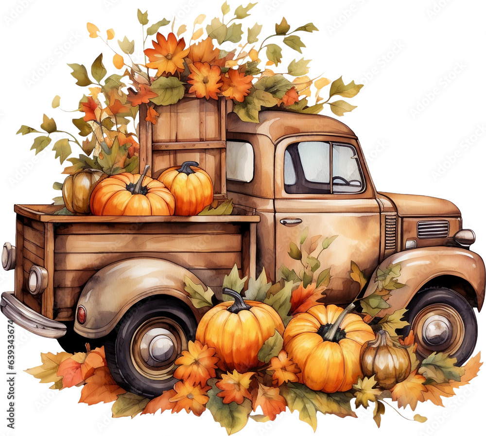 Fall Pumpkin Truck Clipart, Watercolor Vintage Farm Truck PNG, Autumn ...
