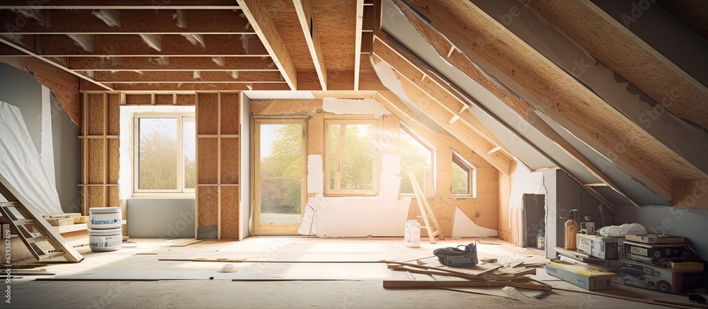 Construction site for finishing the attic in the process of spackling ...