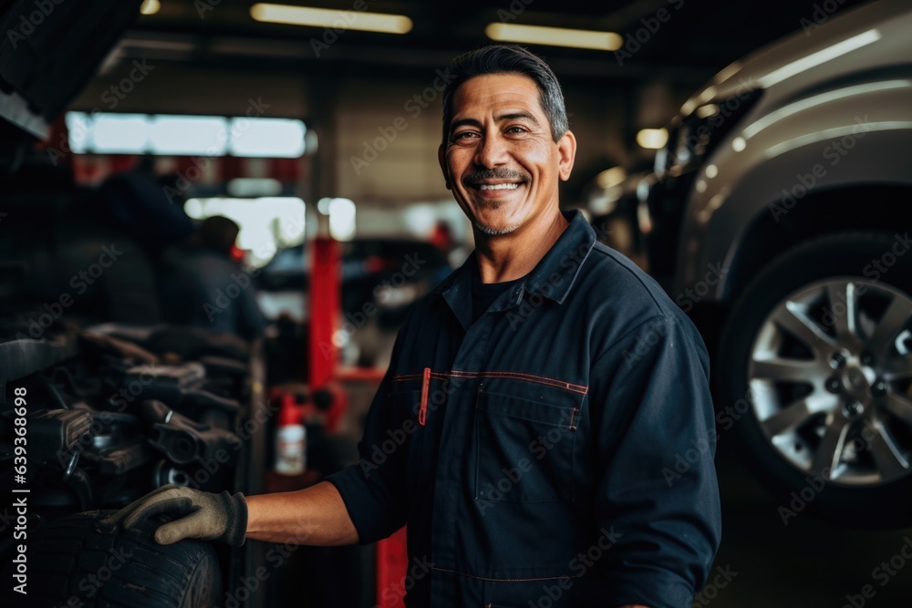 Smiling portrait of a middle aged mexican car mechanic working in a ...