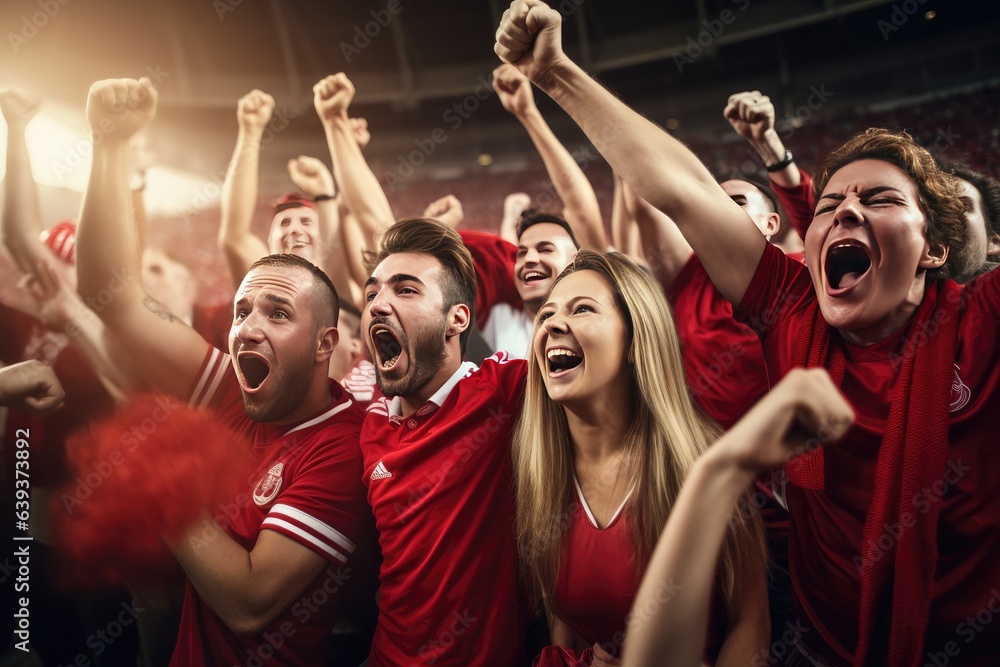 Group of football fans are cheering for their team victory mix colour t ...