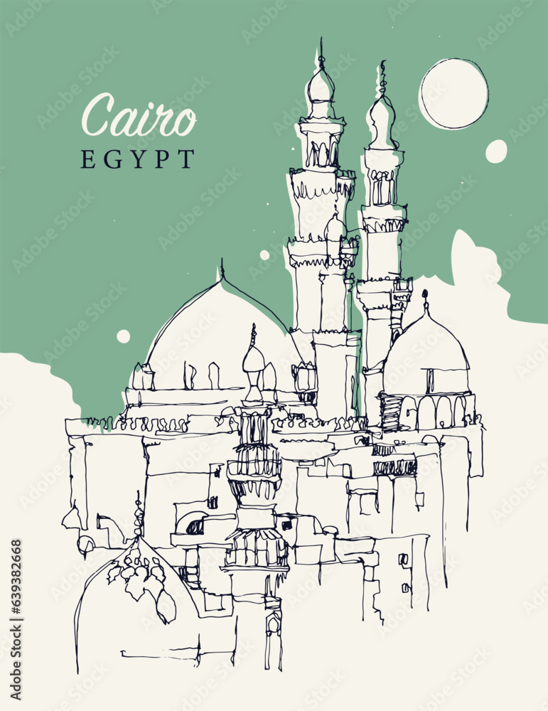Drawing sketch illustration of minarets and domes of mosques in Cairo ...
