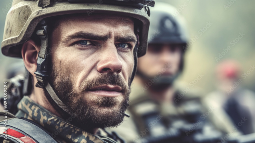 a mature adult man, 30s 40s, wears hard hat and soldiers uniform ...