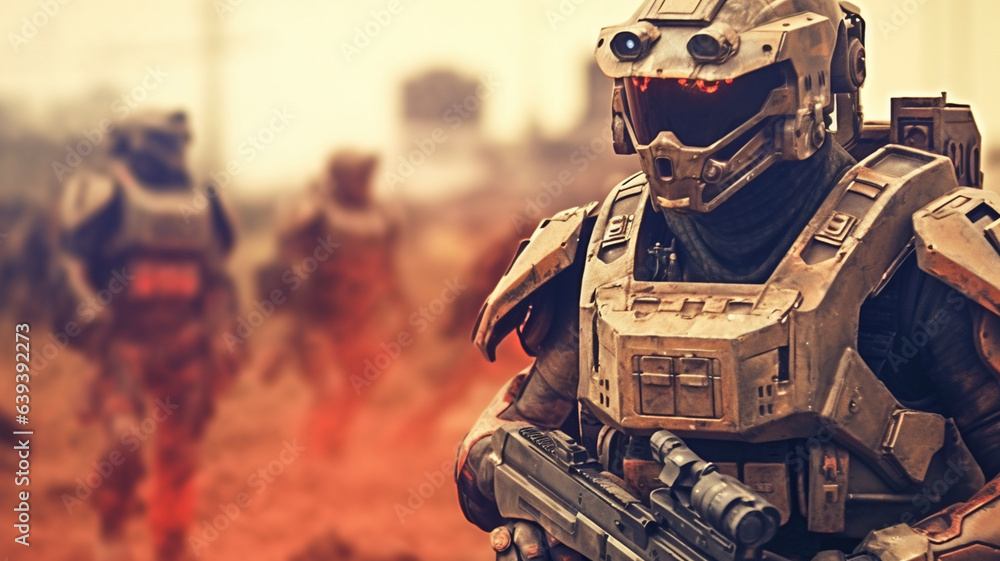 a man is a soldier in combat gear, combat suit with technological ...