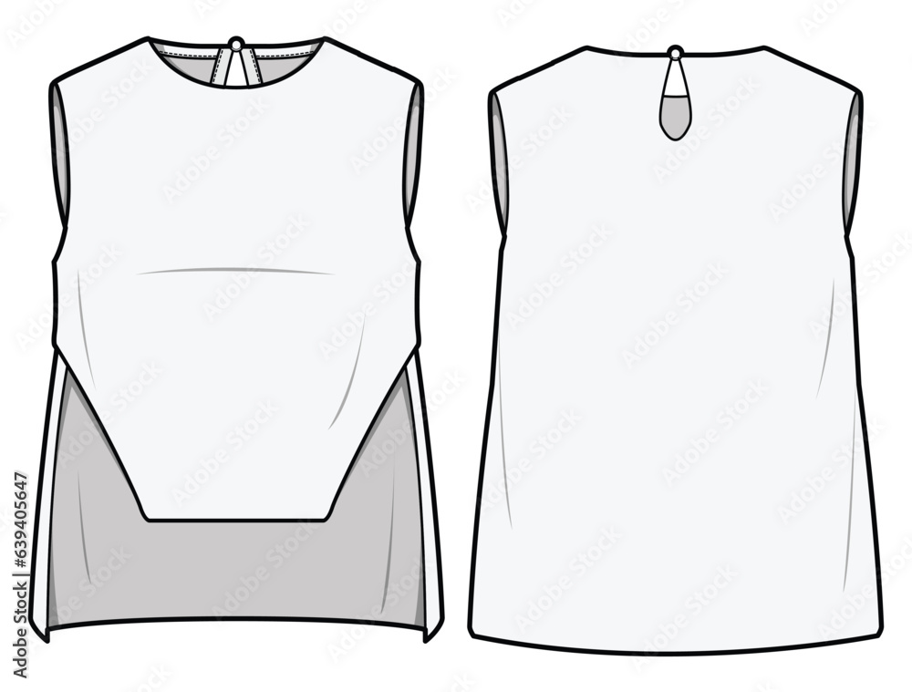 Front V-Cut Sleeveless Back Long Top Front and Back View. Fashion Flat ...