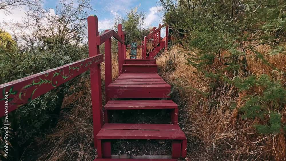 stairs to the sky, stairway to the sky, red walk, red, boardwalk ...