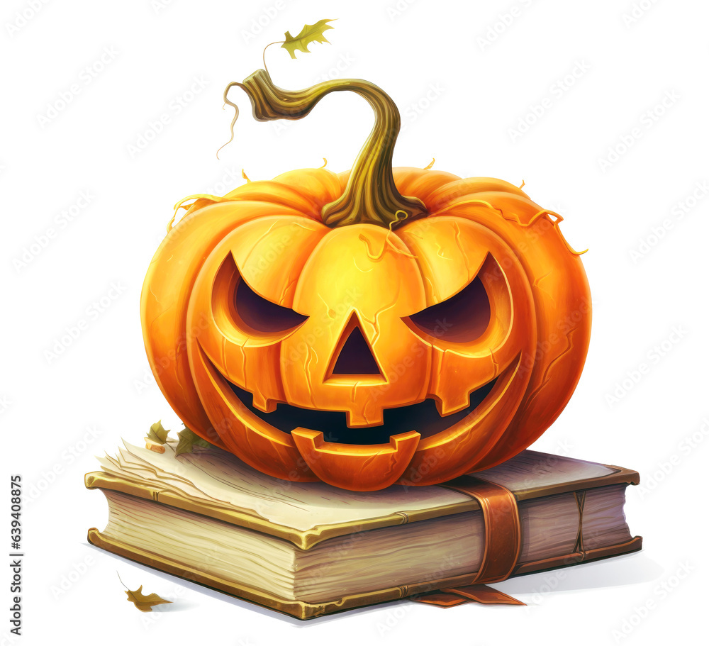 Jack-o'-lantern resting on an old book, evoking the mystery of haunted ...