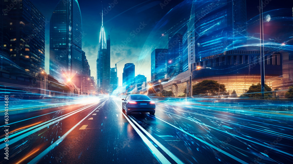 A modern high-rise building of the future alongside advanced road ...