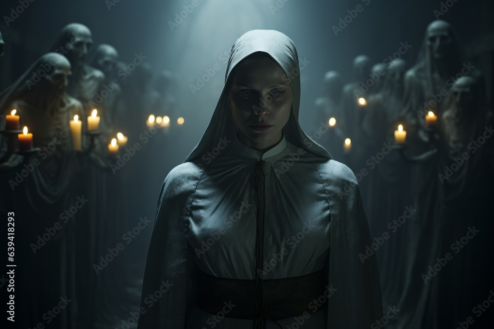 The evil nun's ascension from a chilling, shadowy environment, her form ...