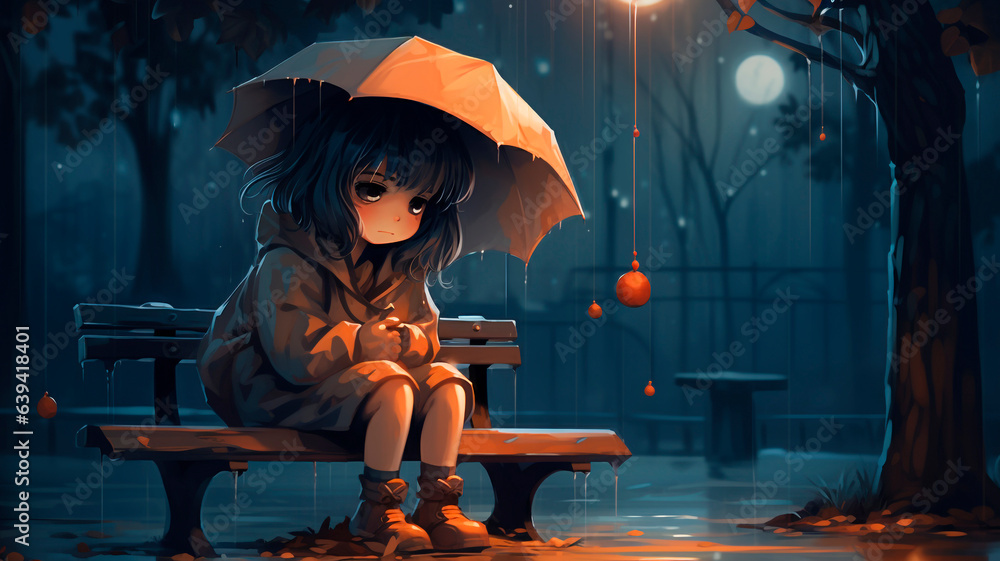 sad girl sitting in the park in the rain, depressed and sad. Generative ...