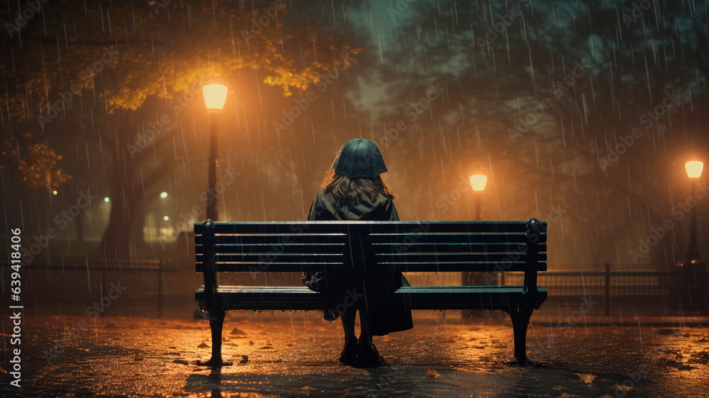 sad girl sitting in the park in the rain, depressed and sad. Generative ...