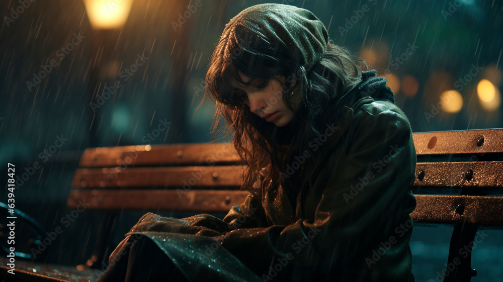 sad girl sitting in the park in the rain, depressed and sad. Generative ...