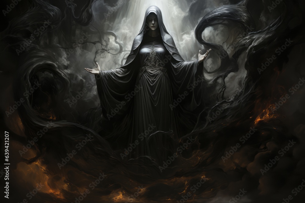 The evil nun's figure rising against a backdrop of ominous darkness ...