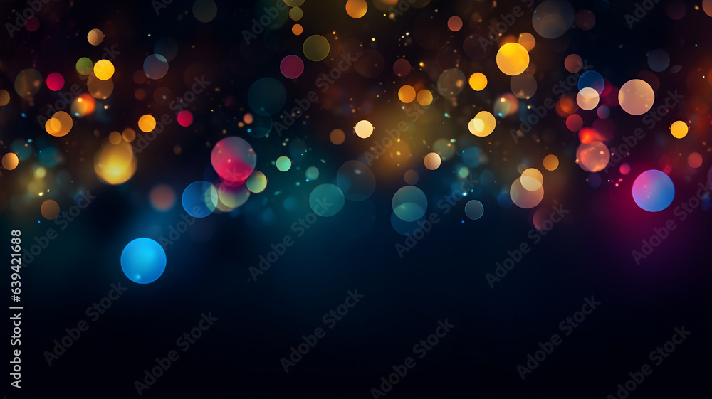 Multicolor bokeh, raining light, blurry lights, blurry background, rainbow confettis on a black ...