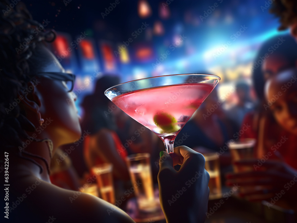 Hand holding glass of cocktail, people cheering, cheers, spending a ...