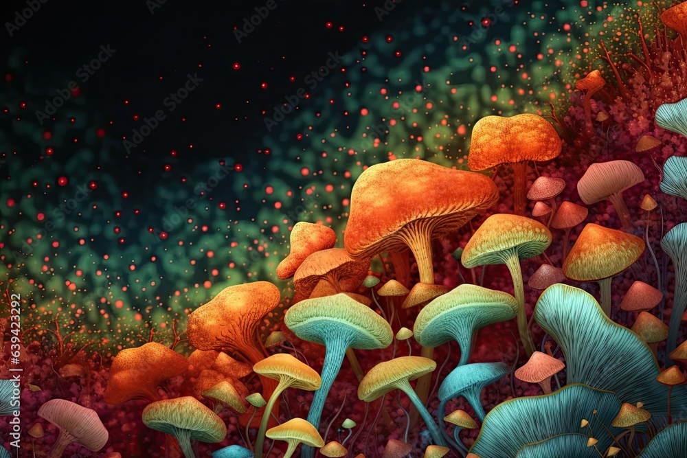digital rendering of psychedelic mushrooms, with vibrant and surreal ...