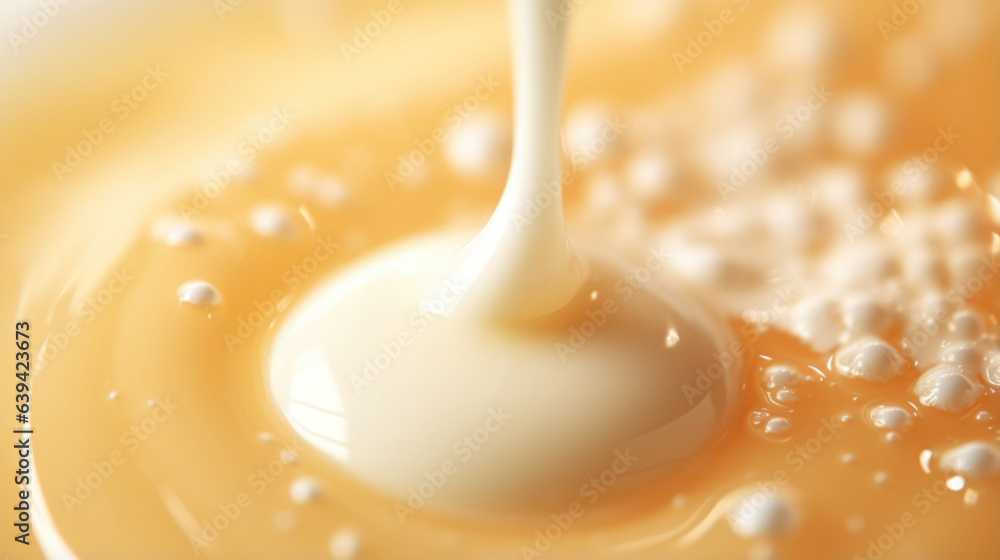 A drop of eggnog suspended in midair filling the frame with its frothy ...